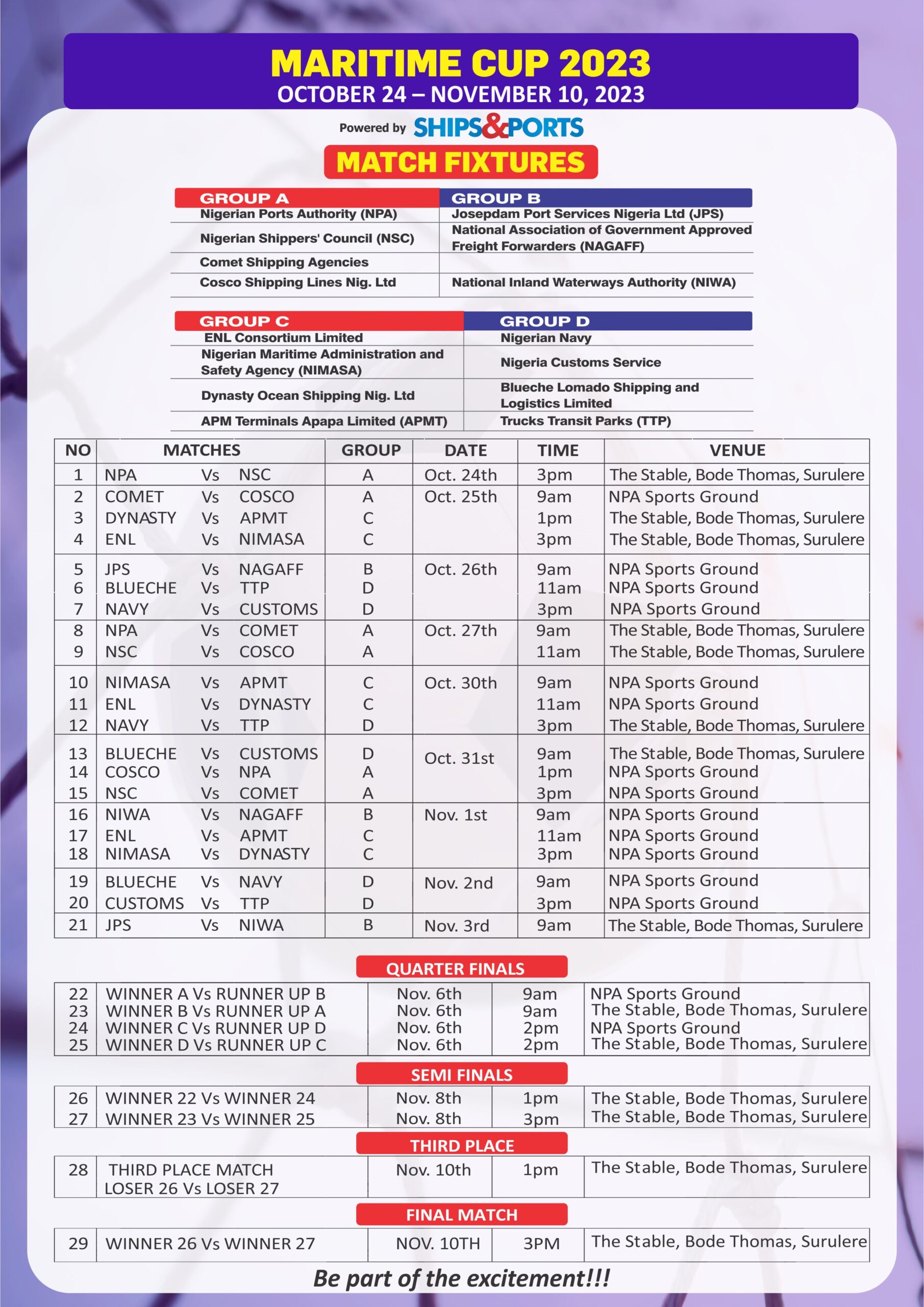 Maritime Cup 2023 Fixtures - Ships & Ports